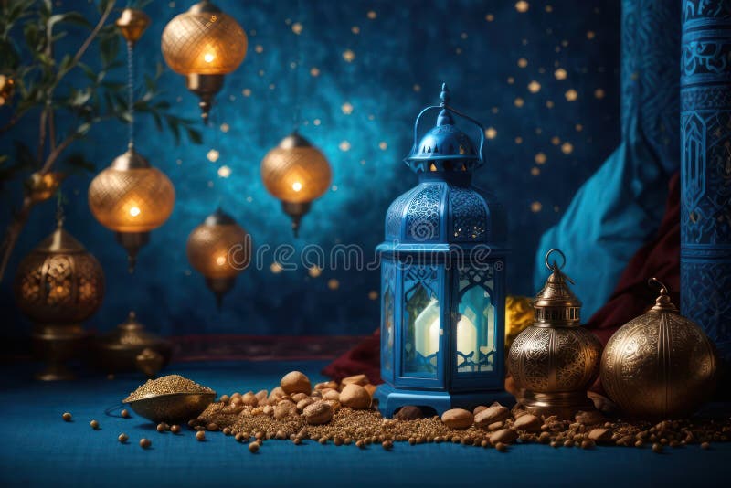 Islamic Greeting Gard for Ramadan,Blue Banner with Moon and Lantern ...