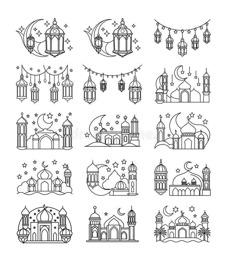 Islamic Lantern and Mosque Line Art - Ramadan and Eid Themed Vector ...