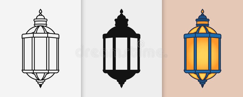 Islamic Lantern Outline and Silhouette Icon Set with Isolated Flat ...