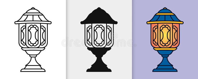 Islamic Lantern Outline and Silhouette Icon Set with Isolated Flat ...