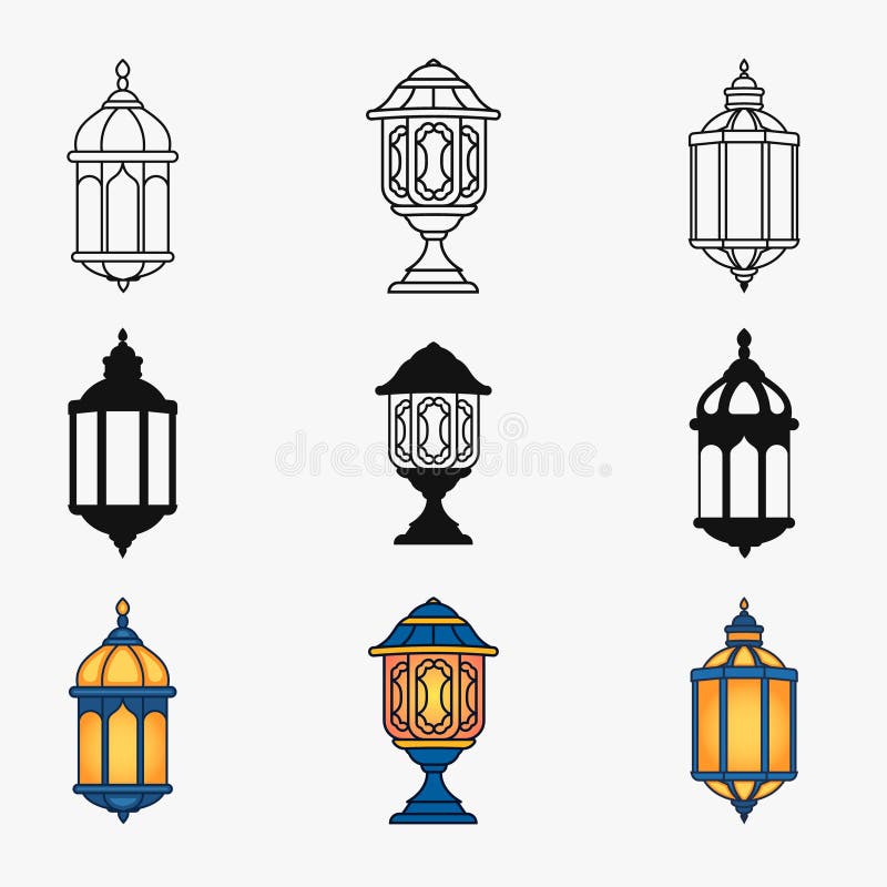 Islamic Lantern Outline and Silhouette Icon Set with Isolated Flat ...