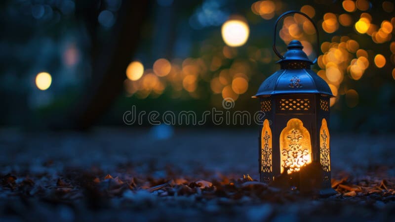 An Islamic Lantern Sitting on the Ground with Bokeh Lights Islamic ...
