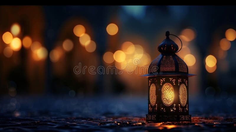 An Islamic Lantern Sitting on the Ground with Bokeh Lights Islamic ...