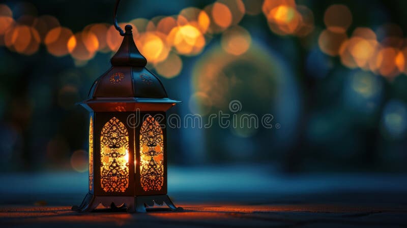 An Islamic Lantern Sitting on the Ground with Bokeh Lights Islamic ...