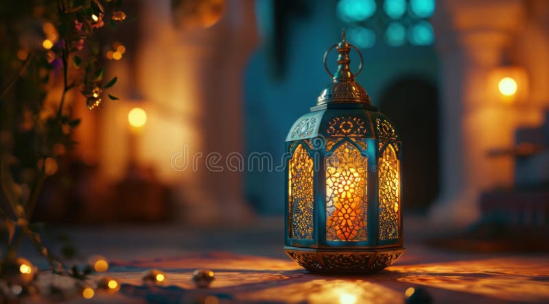 An Islamic Lantern Sitting on the Ground with Bokeh Lights Islamic ...