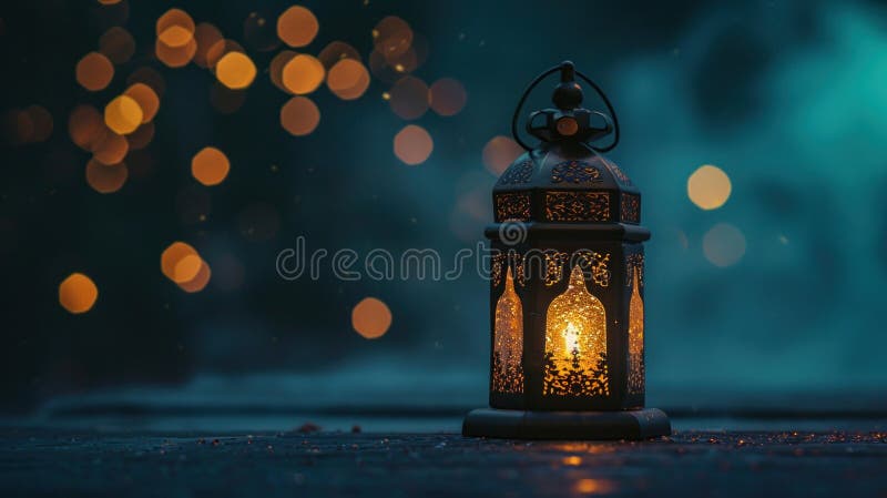 An Islamic Lantern Sitting on the Ground with Bokeh Lights Islamic ...