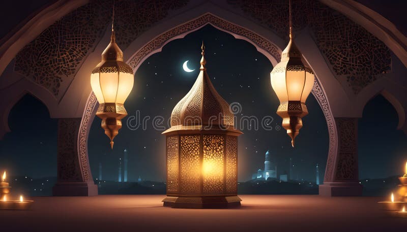 Islamic Lanterns and Candles in a Mosque at Night Stock Vector ...