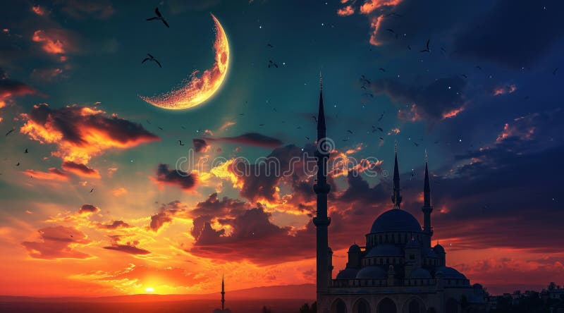 Islamic Moon in Sunset with Beautiful Clouds with a Mosque Under it ...