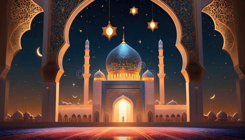 Islamic Mosque with Arabic Architecture and Lights at Night Stock ...