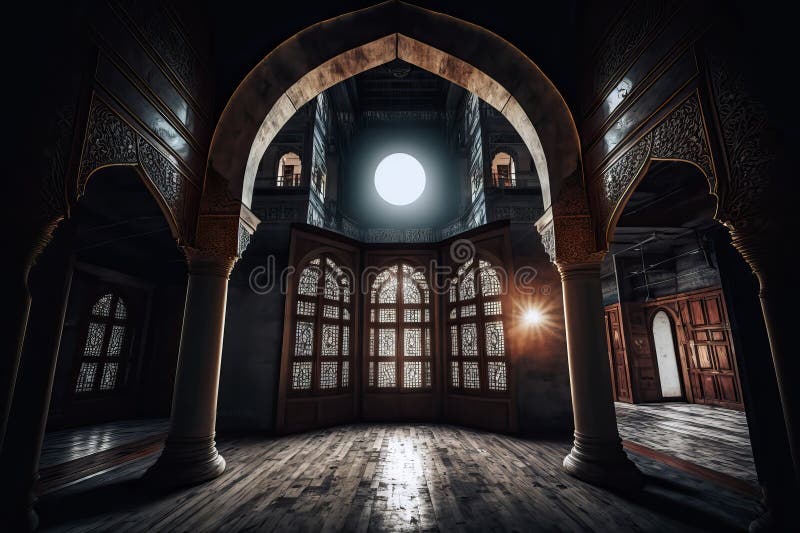 An Islamic Mosque Interior Illuminated by Moonlight. Islamic Concept ...