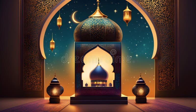 Islamic Mosque with Lanterns and Crescent Moon on Blue Night Sky Stock ...