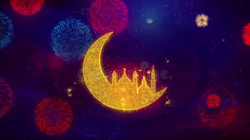 Islamic Mosque Moon Ramadan Icon on Gold Particles Fireworks Display ...