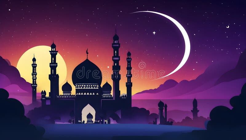 Islamic Mosque at Night with Moon and Stars Stock Vector - Illustration ...