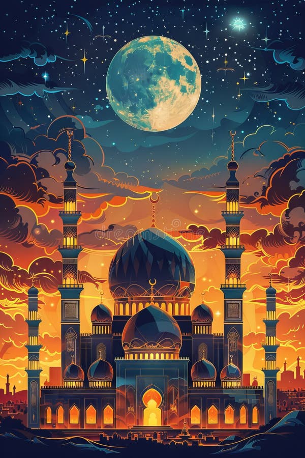 Islamic Mosque at Night with Moon and Stars, Ramadan Stock Photo ...
