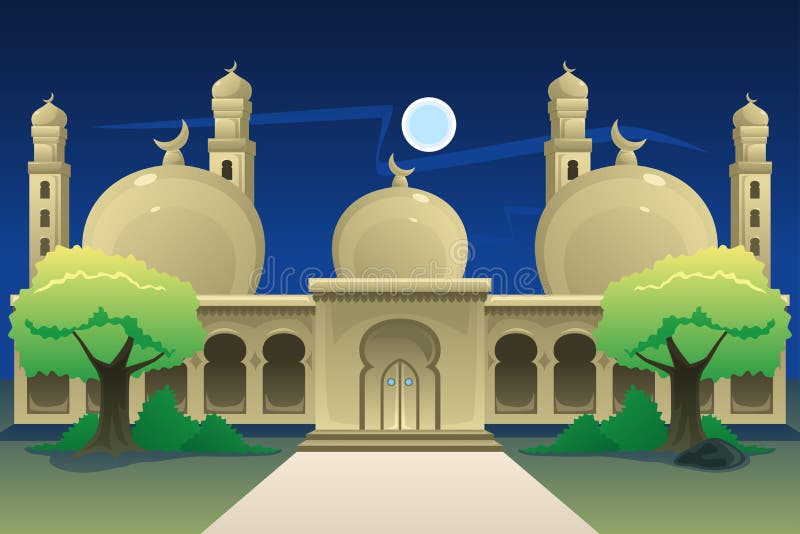 Mosque in Night Cartoon with Kids Stock Vector - Illustration of simple ...