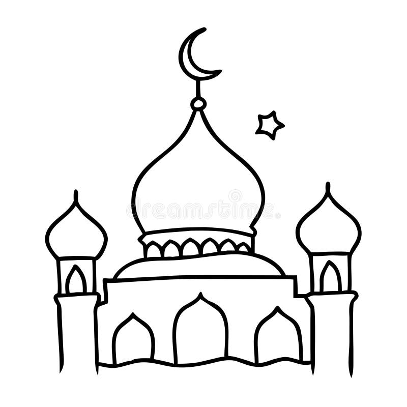 Islamic Mosque Outline with Crescent Moon and Star Vector Illustration ...