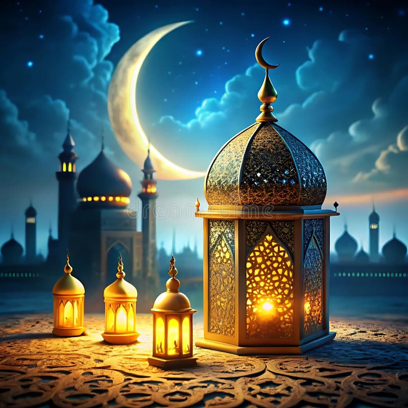 Islamic Night Scene with Lantern and Crescent Moon Stock Illustration ...