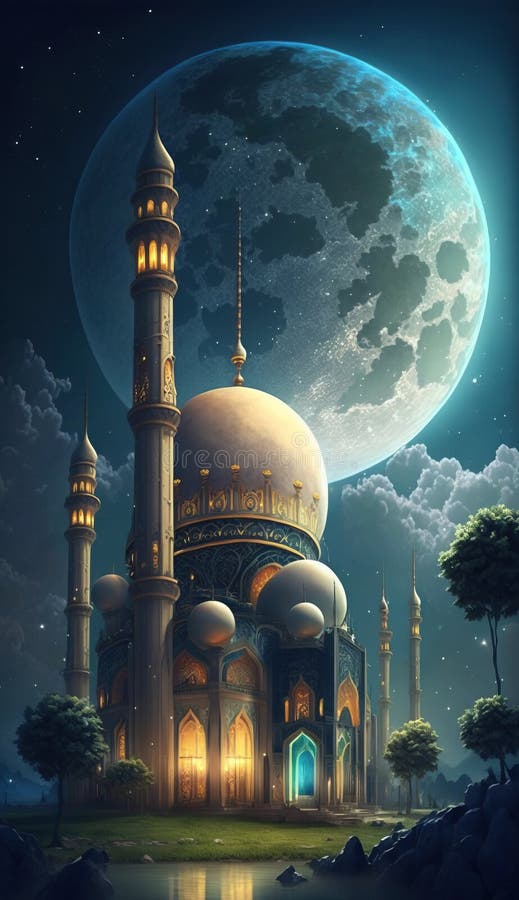 Islamic Nuances Background with Mosque and Moon Stock Illustration - Illustration of islam, adha ...