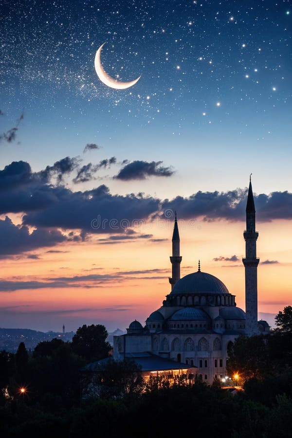 Ramadan Sunset with Eastern Moon, Hilal Stock Illustration ...