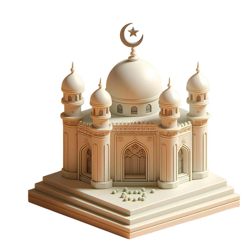 3D Illustration of Islamic Mosque with Dome and Minarets – Isometric ...