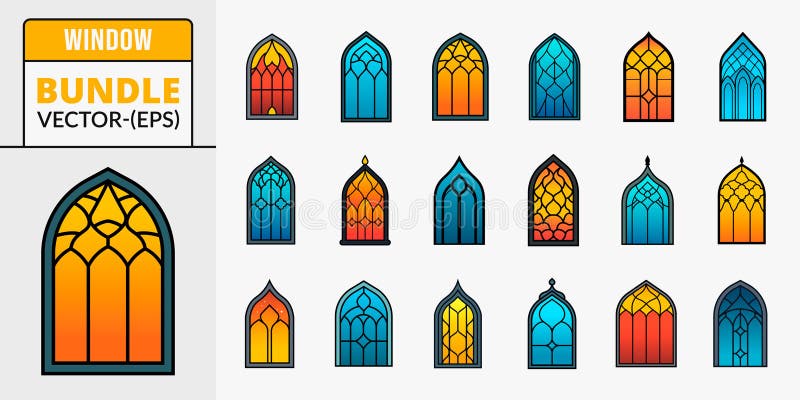Islamic Window Outline and Silhouette Icon Set with Isolated Flat ...