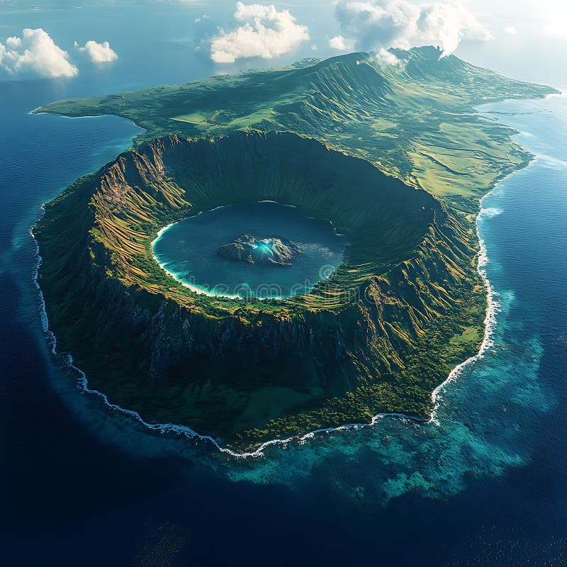 Island with an Active Volcano Stock Illustration - Illustration of ...