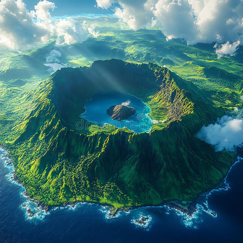 Island with an Active Volcano Stock Illustration - Illustration of ...