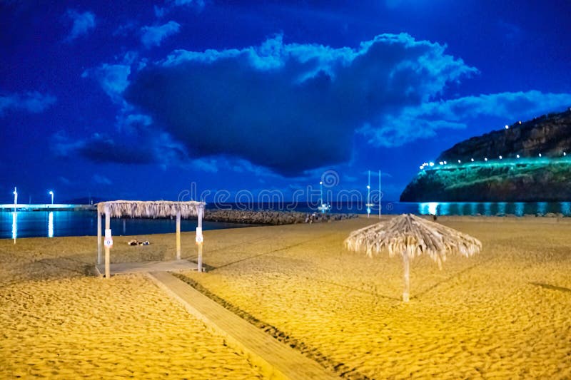 Island Beach at Night, Straw Umbrella on the Sand Stock Photo - Image ...