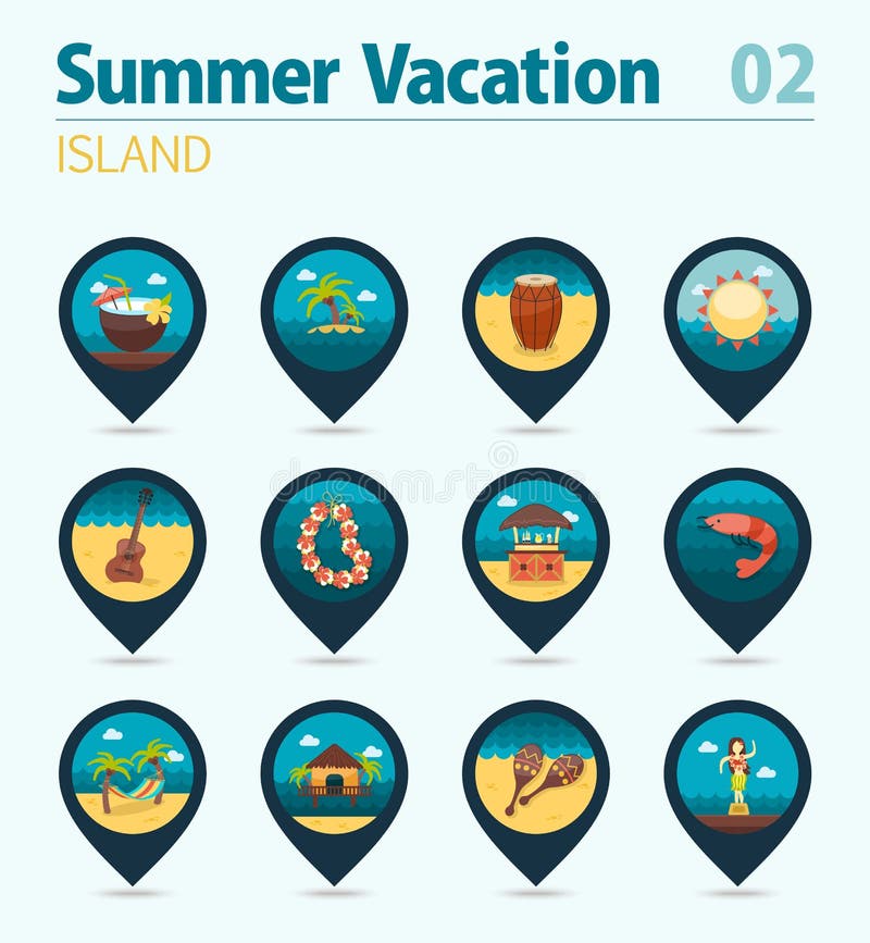 Island Beach Pin Map Icon Set. Summer. Vacation Stock Vector ...