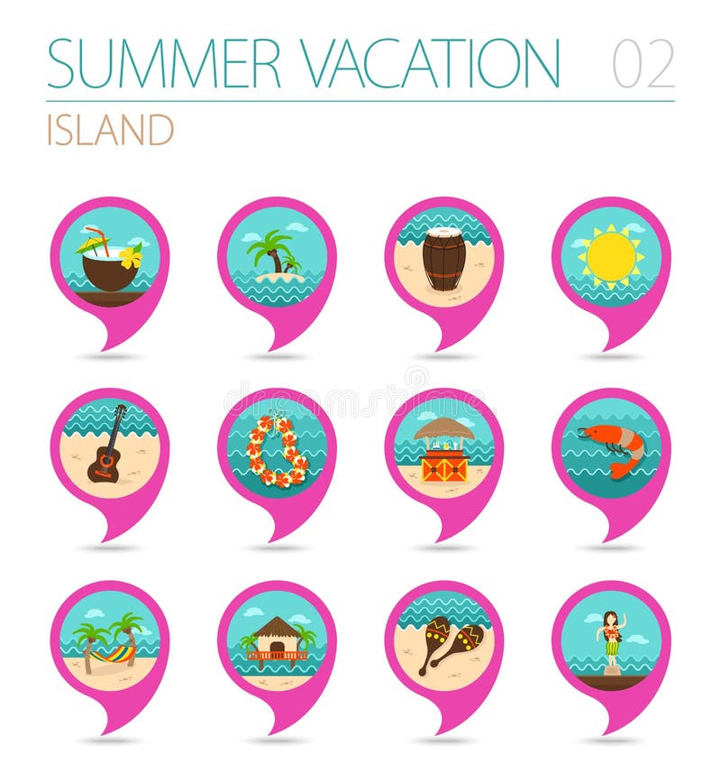 Island Beach Pin Map Icon Set. Summer. Vacation Stock Illustration ...