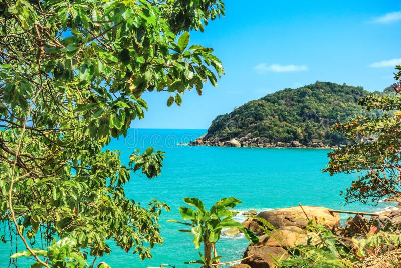 Island in Blue Ocean and Green Tropical Trees Stock Photo - Image of ...