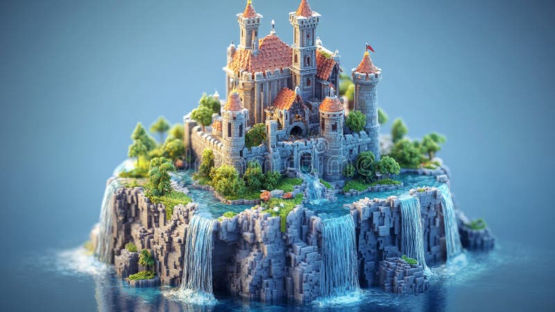 Island Castle with Waterfalls: a Digital 3D Rendering Stock ...