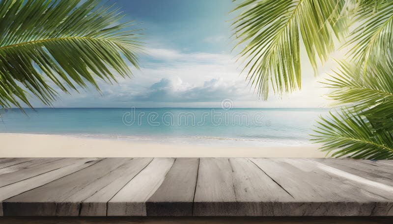 Island Dreams. Wood Tabletop Oasis with Seascape Backdrop. Stock Image ...