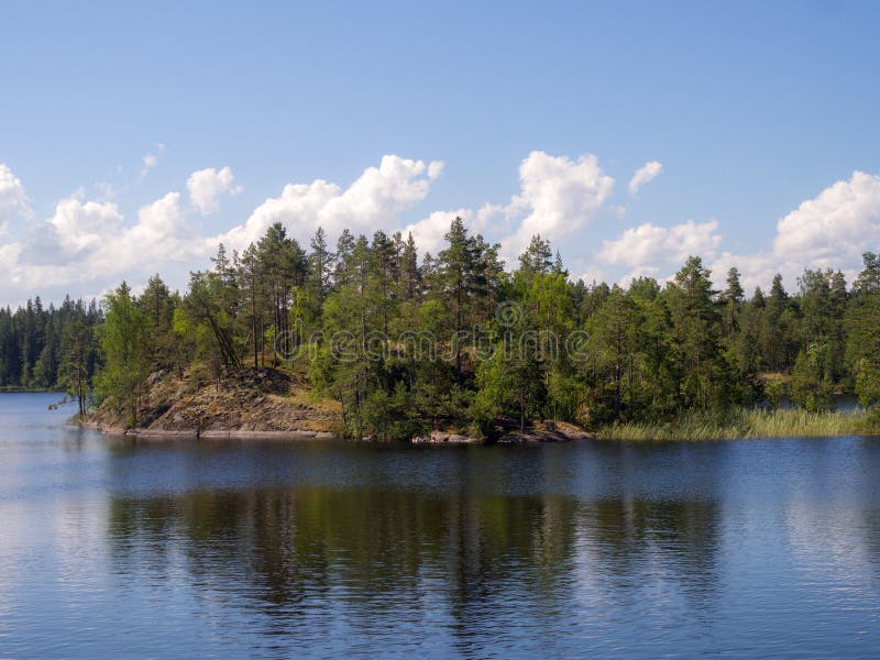 Island on a forest lake stock image. Image of cloud - 226914541