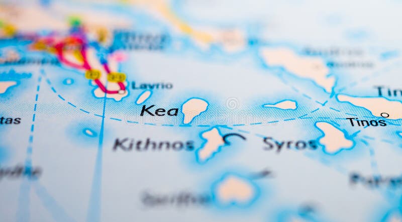 Island of Kea and Aegean Sea Travel Map.. Stock Image - Image of print ...