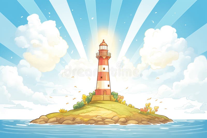 Island with a Lighthouse Shining a Beam into the Sky Stock Photo ...
