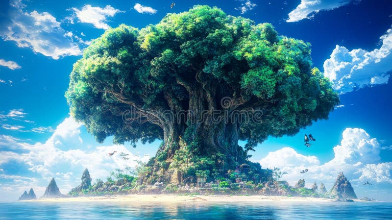 On an Island, a Lone Individual is Positioned Under a Grand Tree with ...