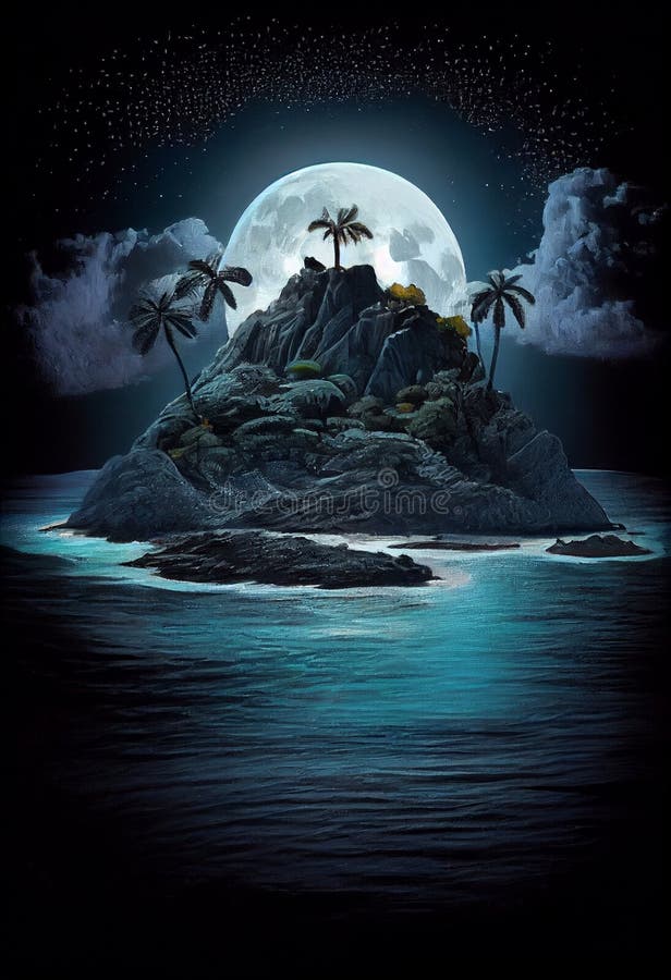 Island in the Middle of the Ocean in the Moonlight. AI Generated Stock ...
