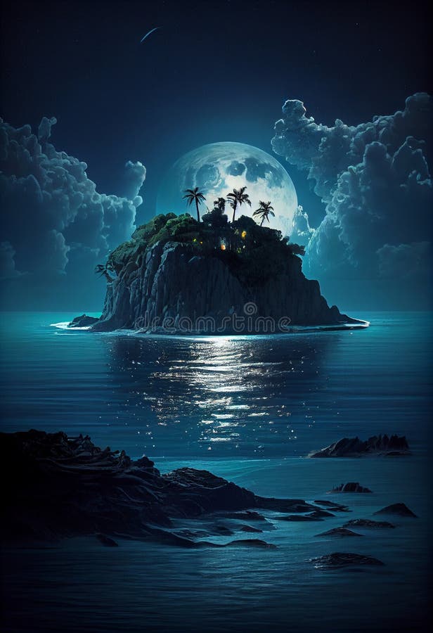 Island in the Middle of the Ocean in the Moonlight. AI Generated Stock ...
