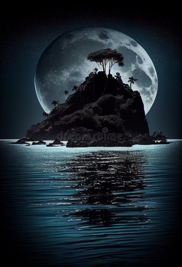 Island in the Middle of the Ocean in the Moonlight. AI Generated Stock ...