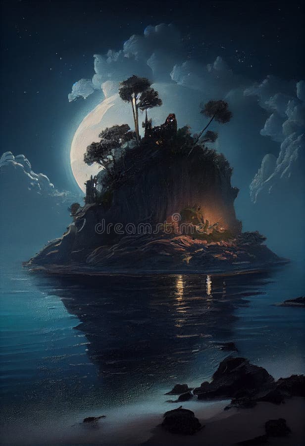 Island in the Middle of the Ocean in the Moonlight. AI Generated Stock ...