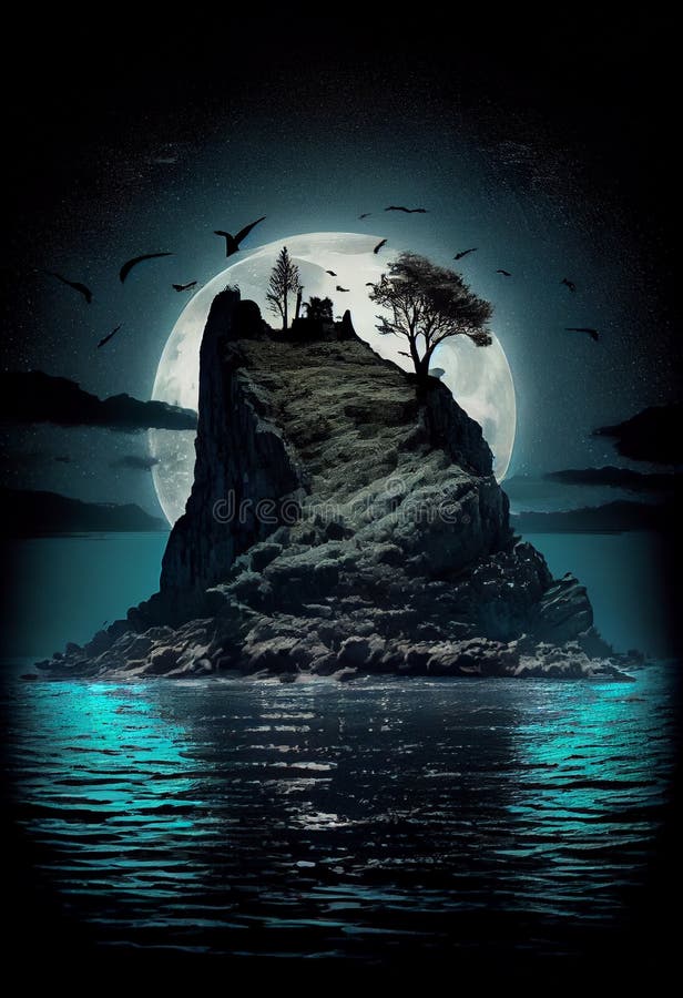 Island in the Middle of the Ocean in the Moonlight. AI Generated Stock ...
