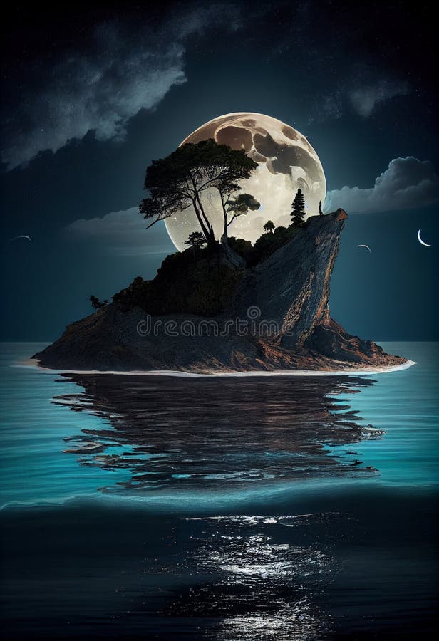 Island in the Middle of the Ocean in the Moonlight. AI Generated Stock ...