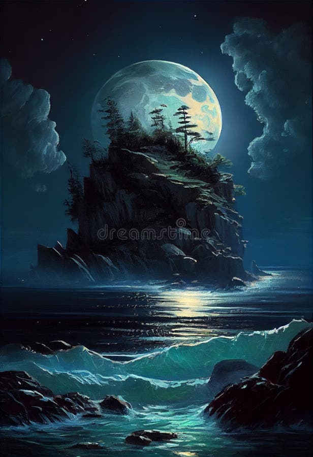Island in the Middle of the Ocean in the Moonlight. AI Generated Stock ...