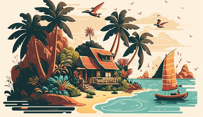 Island Oasis a Playful Illustration of a Tropical. Stock Image - Image ...