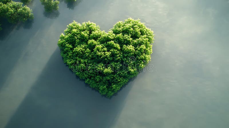 An Island in the Ocean with Heart-shaped Green Trees, Top View, Stock ...