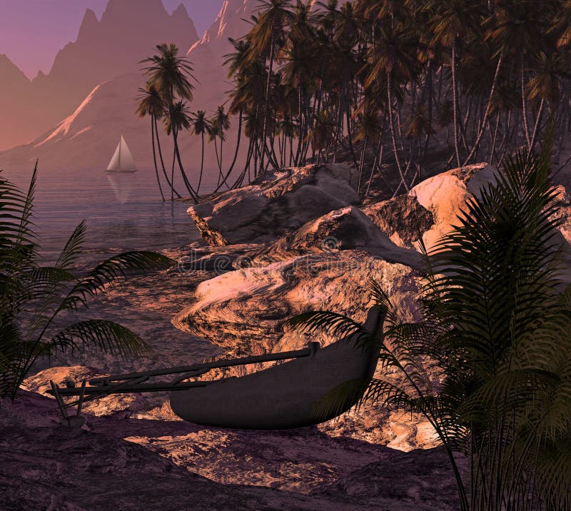 Island Outrigger and Sailboat Stock Illustration - Illustration of ...