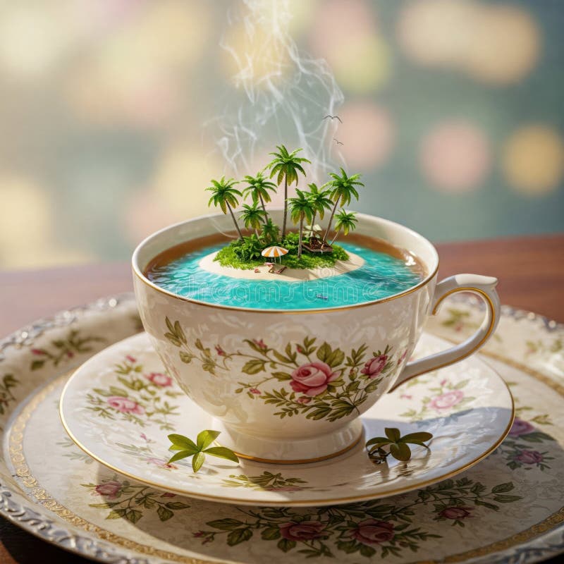 An Island with Palm Trees and a Beach Inside a Cup of Tea. Stock Photo ...