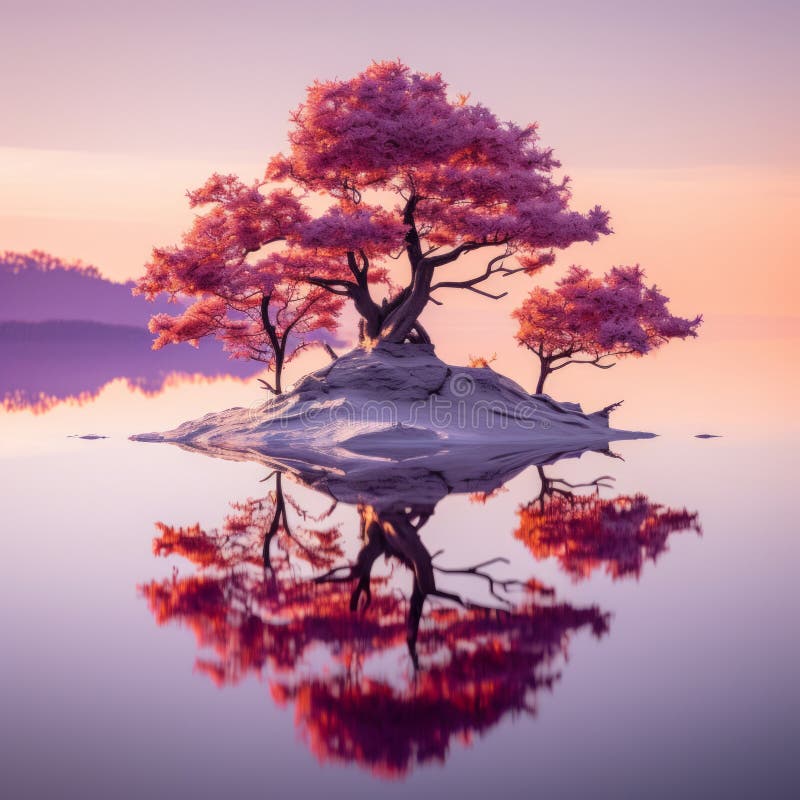 An Island with a Pink Tree in the Middle of the Water Stock ...