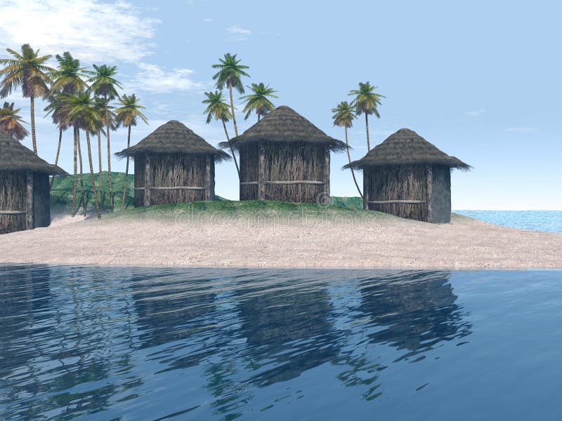 Island Scene with Huts and Palm Trees Stock Illustration - Illustration ...